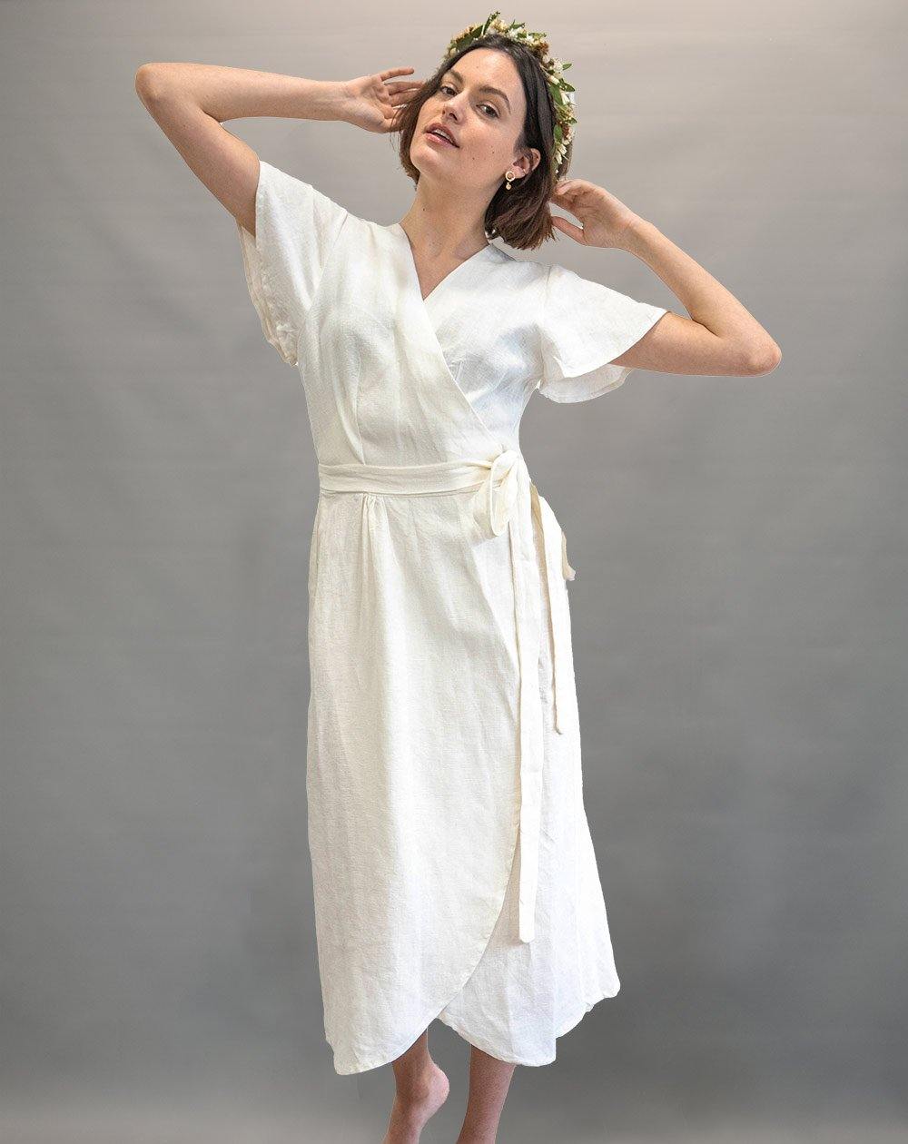 Zargot wrap dress with butterfly sleeves in 100% white linen